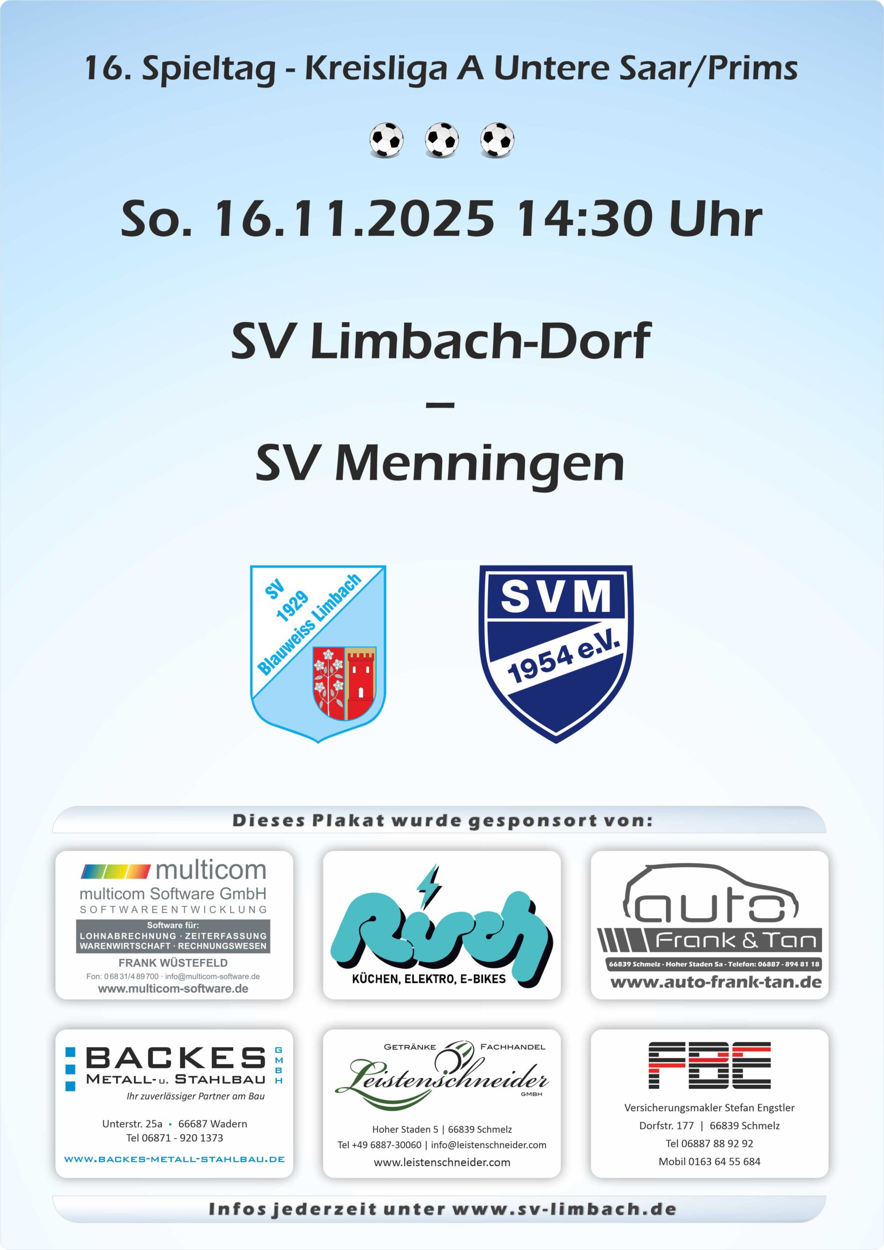 So. 16.11.2025 14:30 Uhr, SV Limbach-Dorf – SV Menningen – 16. Spieltag ...